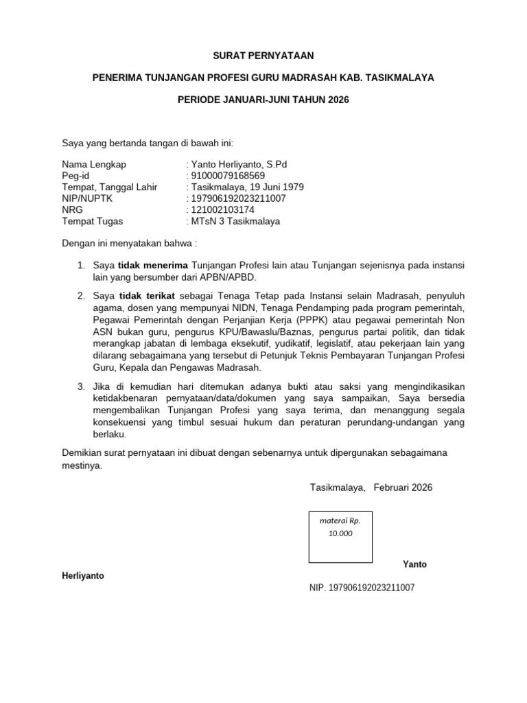 Surat Pernyataan Penerima TPG 2026 - Yanto | PDF