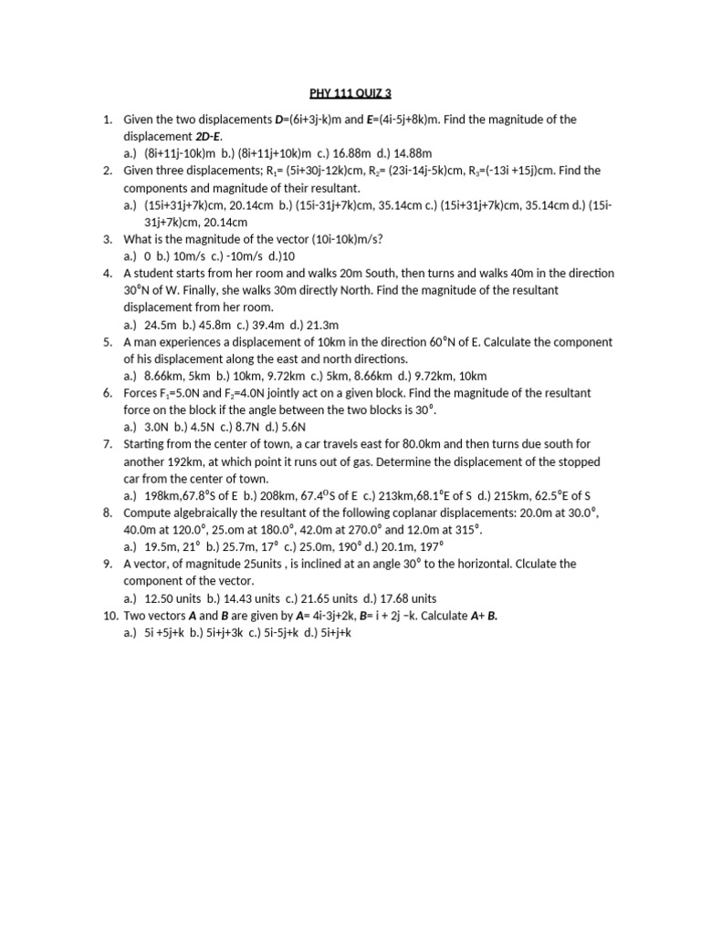 PHY 111 QUIZ 3 | PDF