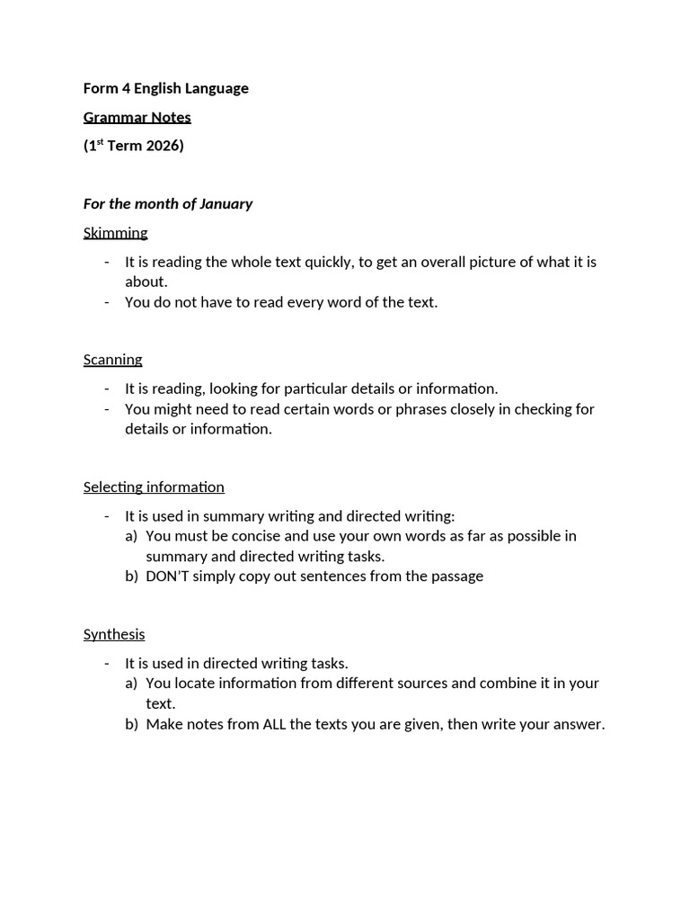 Form 4 English Language Grammar Notes 1st Term 2026 (January) | PDF