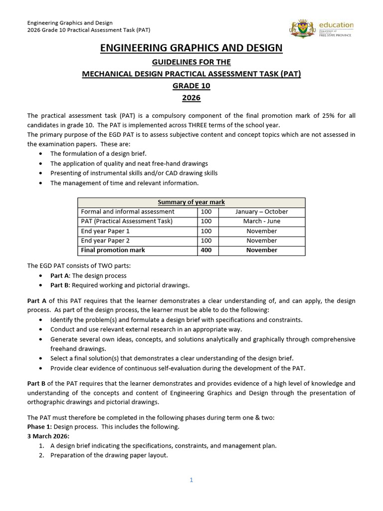 2026 Mechanical EGD PAT - Grade 10 | PDF | Drawing | Engineering