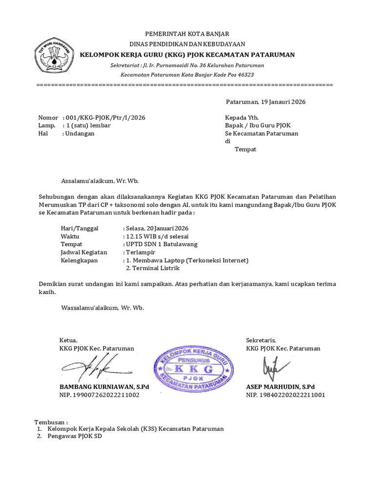 Surat Undangan KKG PJOK 20 Januari 2026 Guru PJOK | PDF