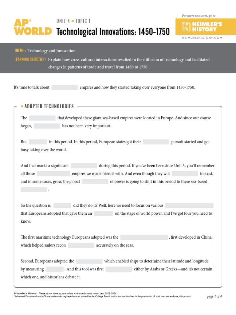 AP World Unit 4 Topic 1 NoteGuide Answer Key | PDF | Water Transport