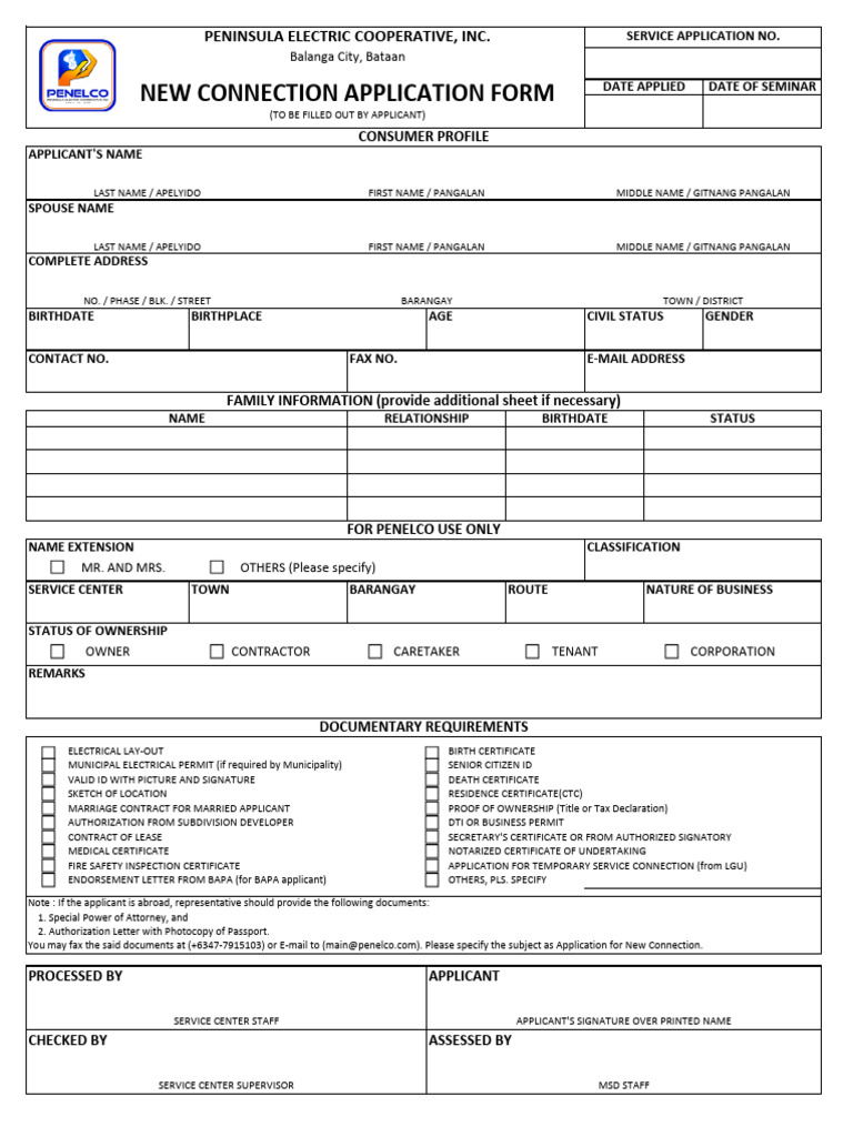 Penelco New Connection Application Form | PDF