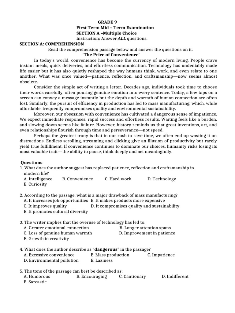 GRADE 9 ENGLISH MID TERM EXAM SAMPLE | PDF | Marketing | Sales