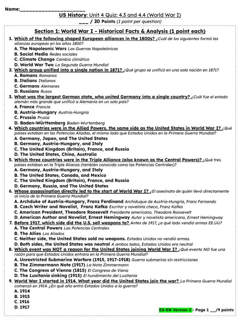 [En_es] Us History_ Unit 4 Quiz_ 4.3_4.4 (World War i) Version 2 (2 ...