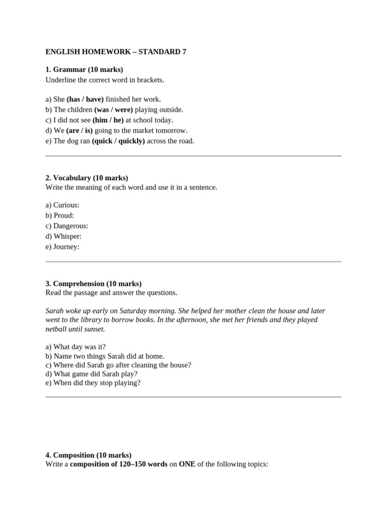 English Homework Primary Upper Class | PDF