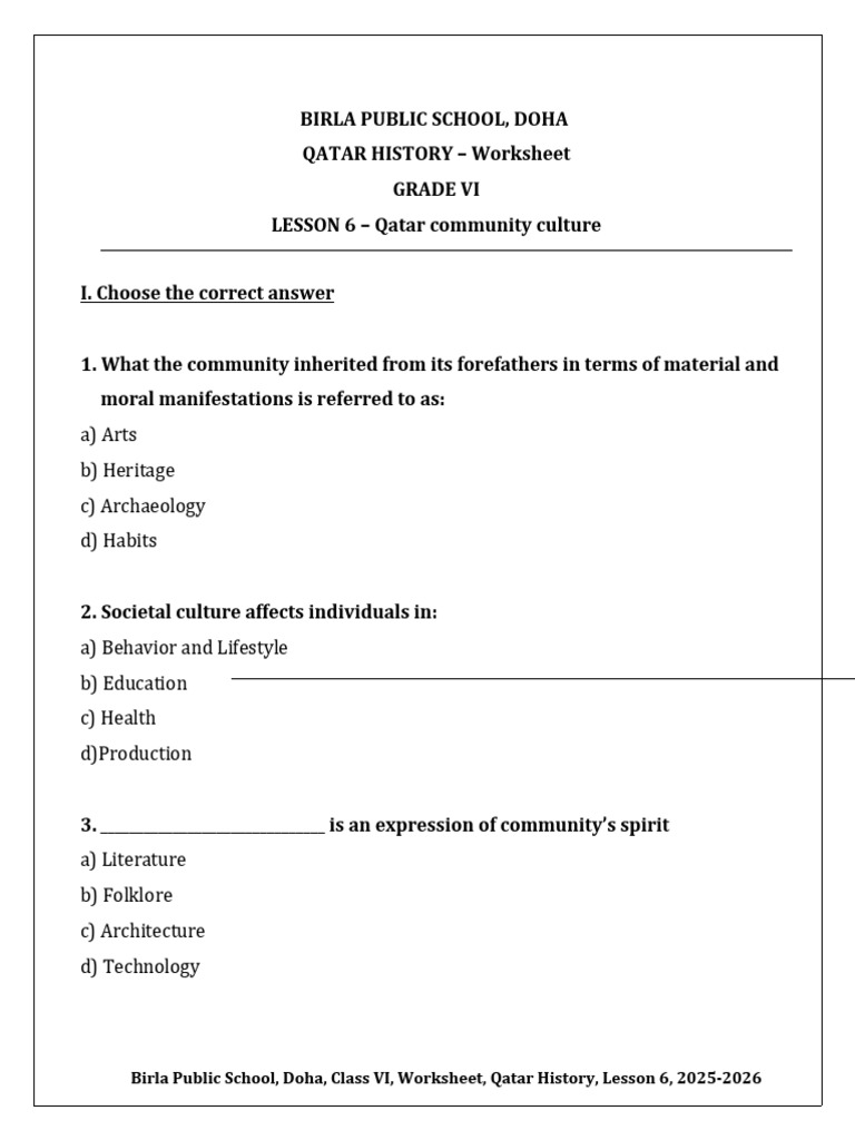 GR VI - QH - CH 6 Worksheet Qatar Community Culture | PDF