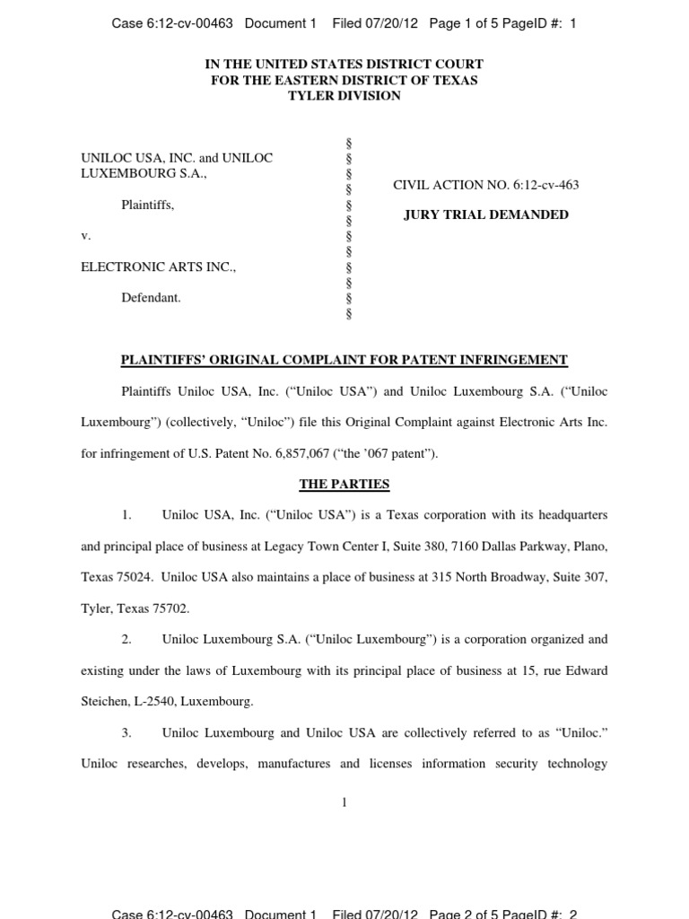 Uniloc Patent Infringement Suit Against Electronic Arts | PDF | Patent ...