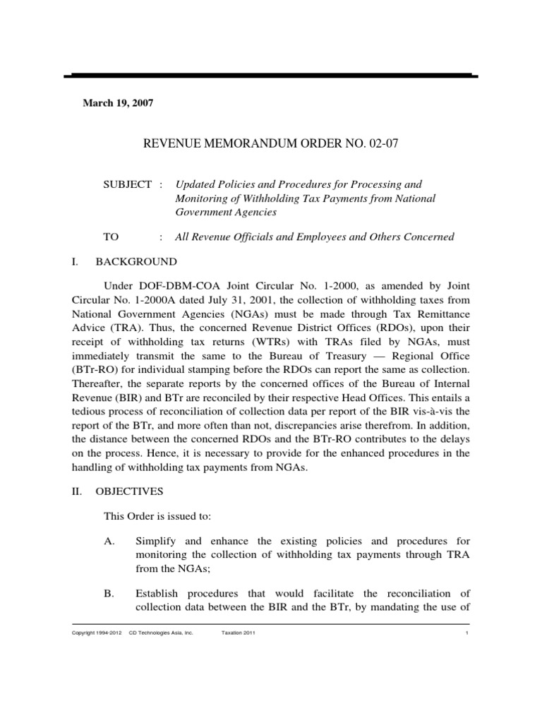 Revenue Memorandum Order 02-07 | PDF | Withholding Tax | Taxes