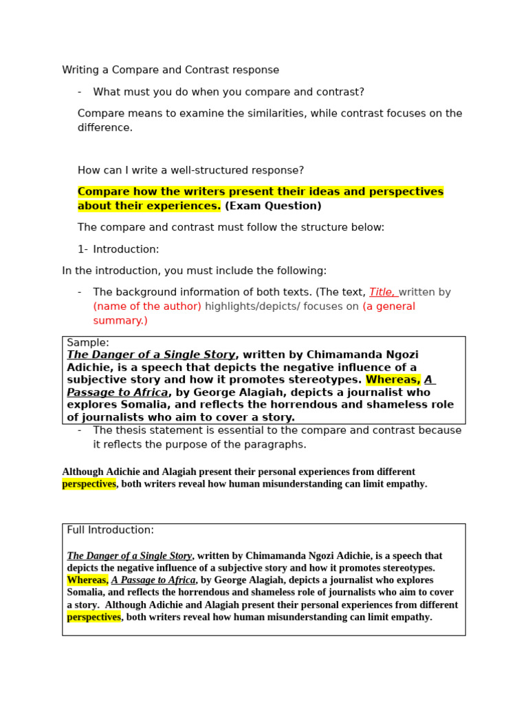 Writing A Compare and Contrast Response | PDF | Stereotypes | Human ...