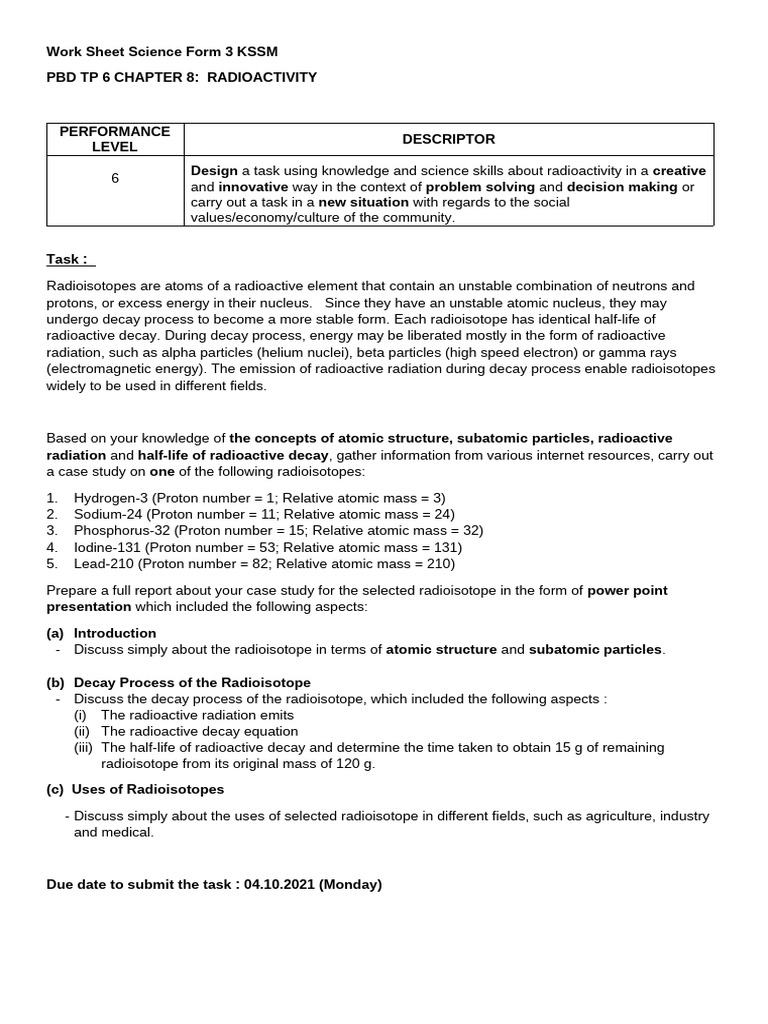 Work Sheet Science Form 3 KSSM PBD Tp6 Chapter 8 | PDF | Radioactive ...
