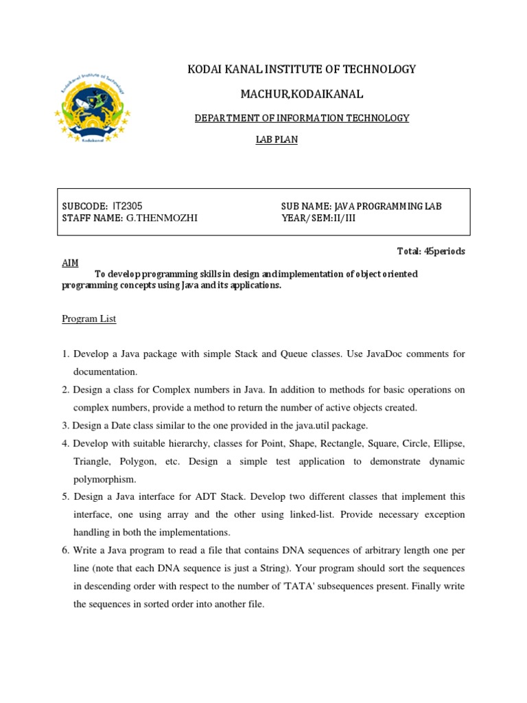 Java Lab Plan | PDF | Java (Programming Language) | Class (Computer Programming)