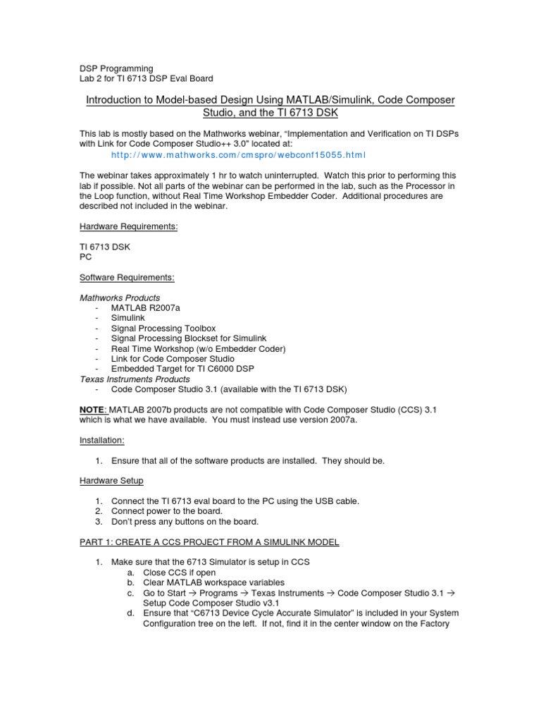 MATLAB/Simulink Lab for TI 6713 DSP | PDF | Digital Signal Processor ...