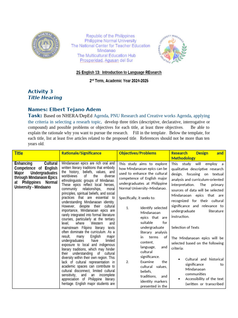 Adem - Activity 3 Exercise On Title Hearing | PDF | Curriculum ...