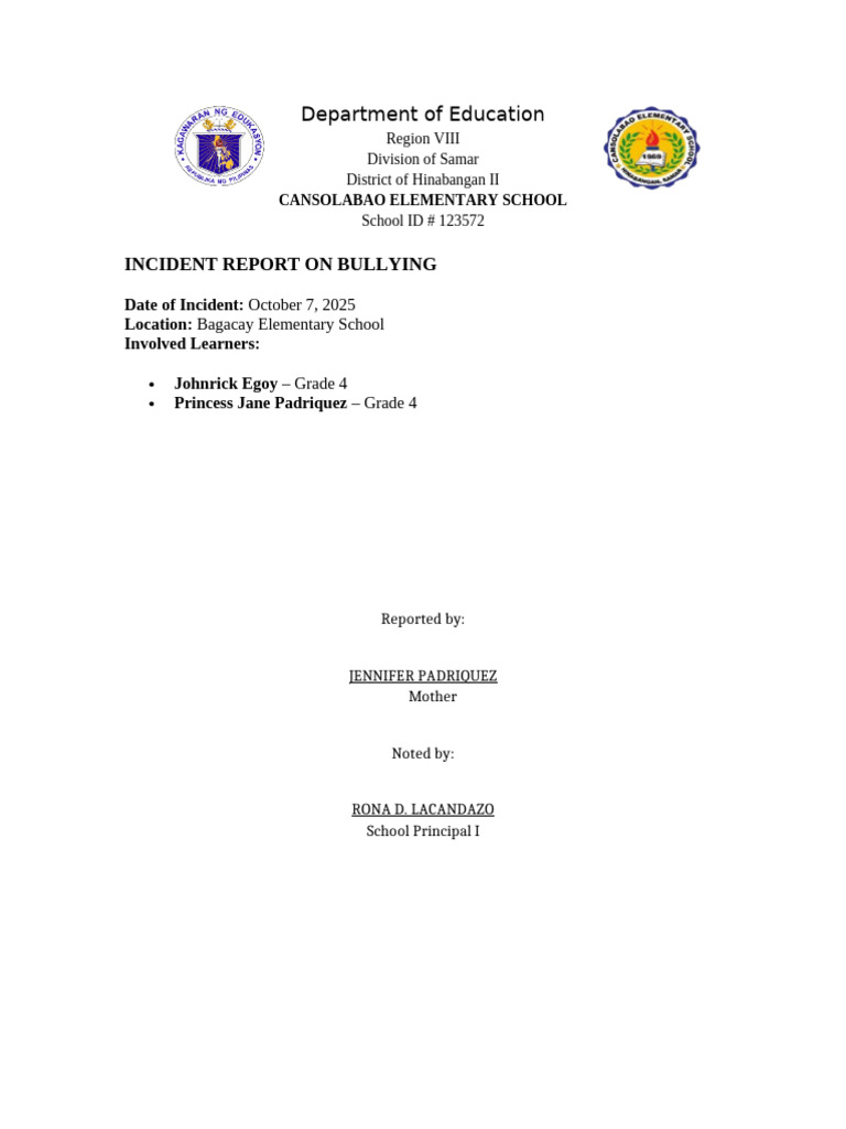 Incident Report Bullying | PDF