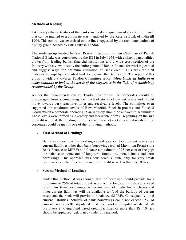 Methods of Lending Tandon Commitee | PDF | Credit | Finance & Money ...