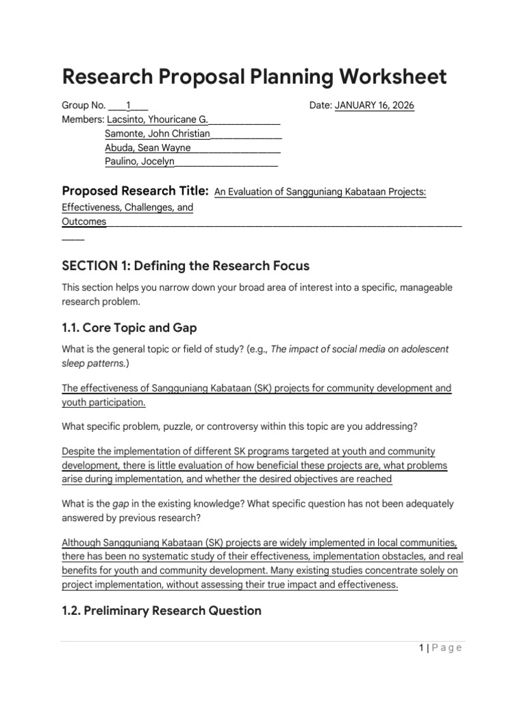 Research Proposal Worksheet - Group 3 - HUMSS - Love | PDF ...