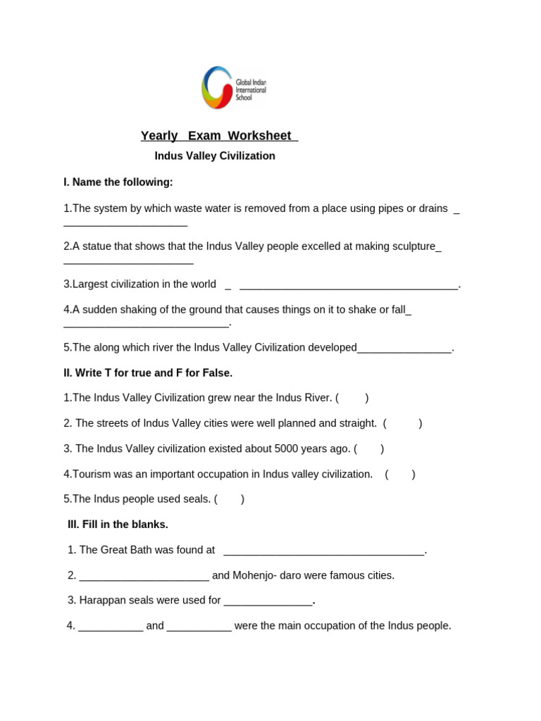 Indus Valley Civilisation Worksheet | PDF | Indus River