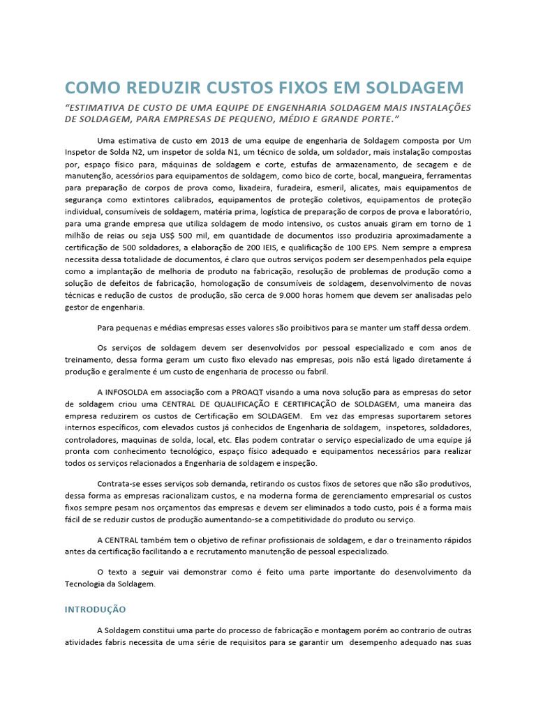 Como Reduzir Custos Fixos em Soldagem Rev.C | PDF | Despesa | Engenharia