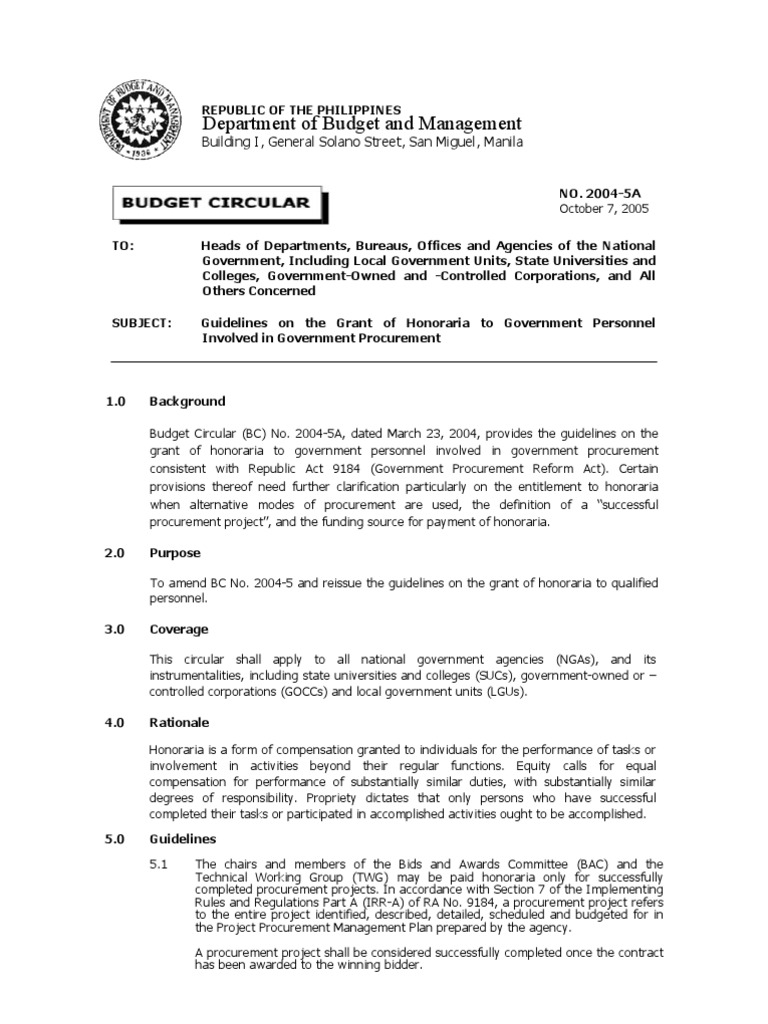 DBM Budget Circular BC - 2004-5A | PDF | Procurement | Overtime