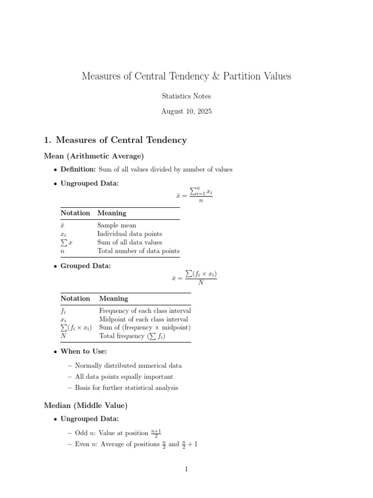 Measures of Central tendencies Notes | PDF | Mean | Quartile