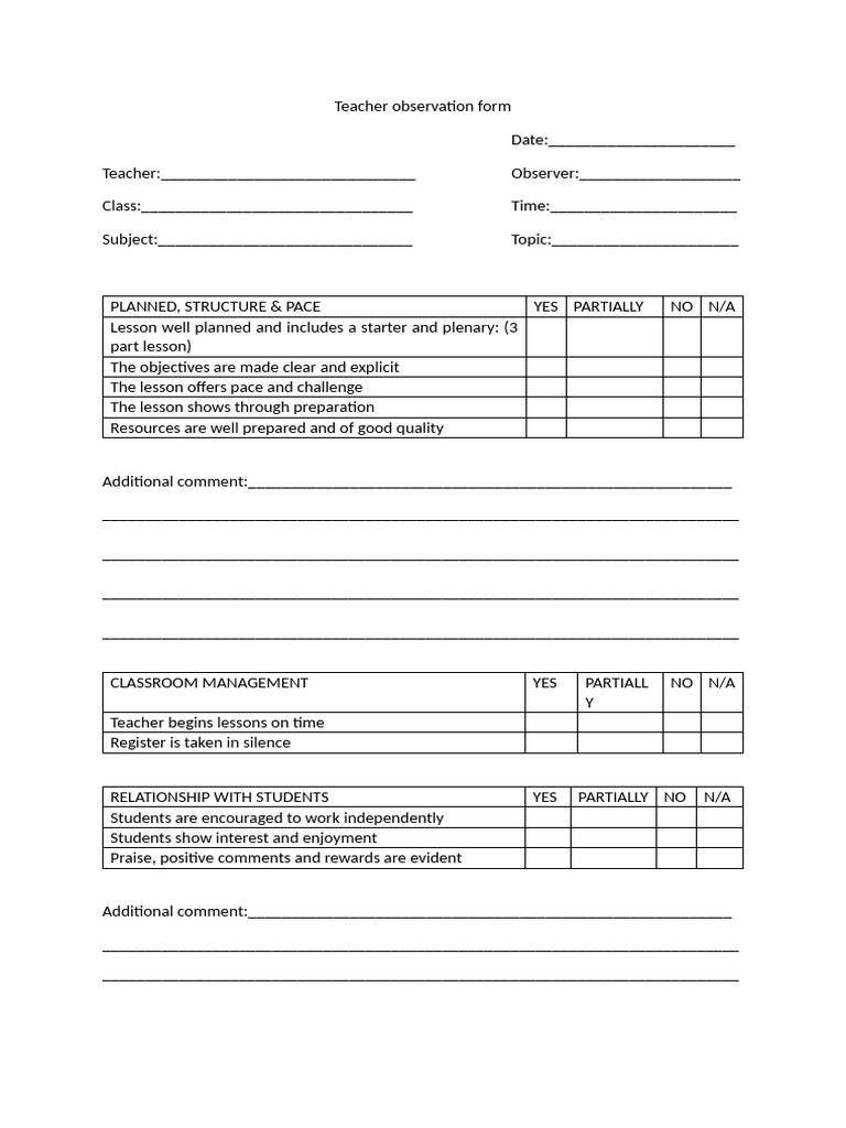 Teacher Observation Form | PDF | Teachers | Learning