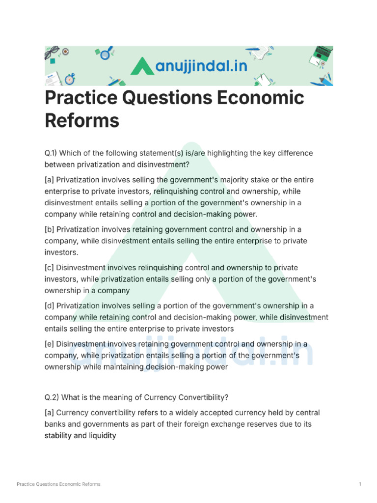 Practice Questions Economic Reforms Flattened Lyst1273 | PDF