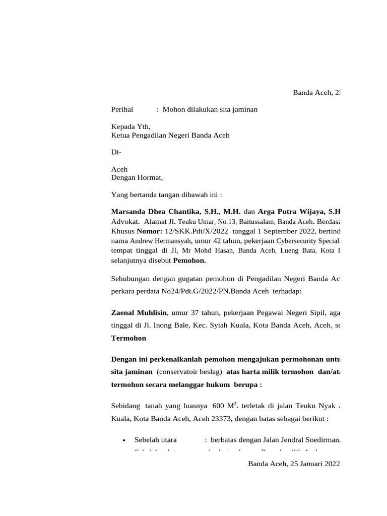 Surat Permohonan Sita Jaminan Marsanda | PDF