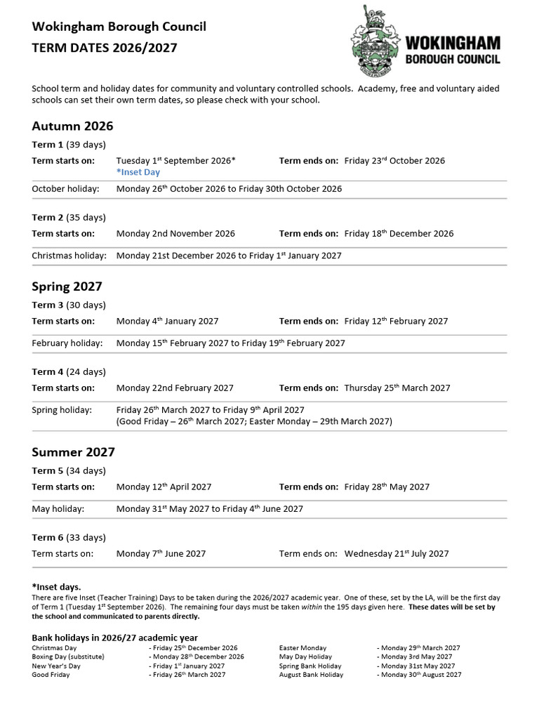 School Term Dates Calendar 2026 To 2027 | PDF | Observances