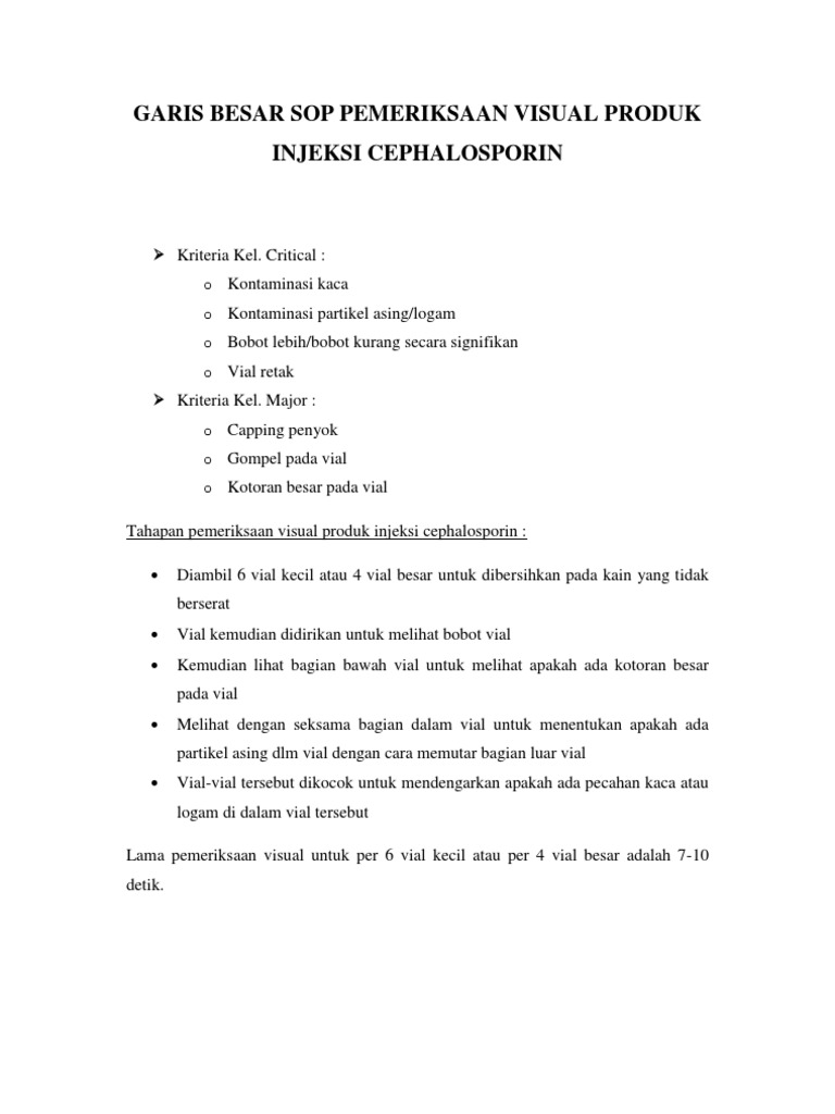 Garis Besar Sop Pemeriksaan Visual Produk Injeksi Cephalosporin | PDF ...