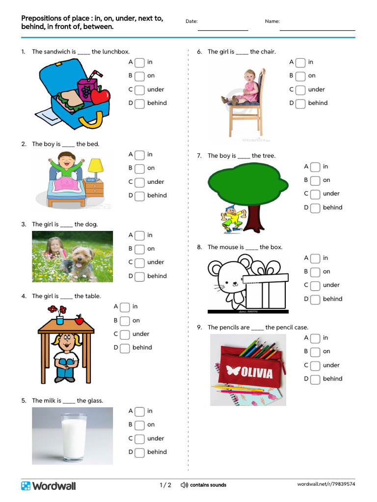 Prepositions of Place in On Under Next To Behind in Front of Between ...