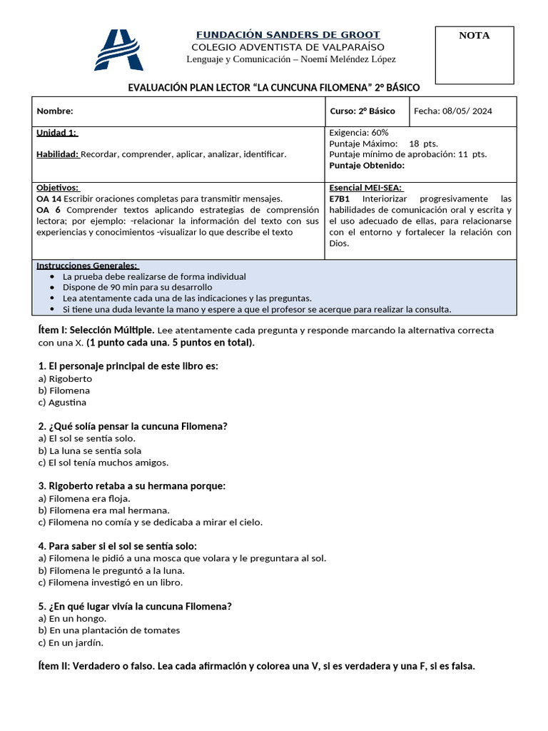 Evaluación Plan Lector La Cuncuna Filomena - 2° B | PDF | Cognición ...