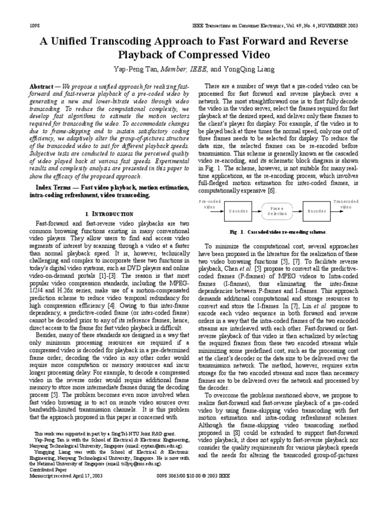 A Unified Transcoding Approach To Fast Forward and Reverse Playback of Compressed Video | PDF ...