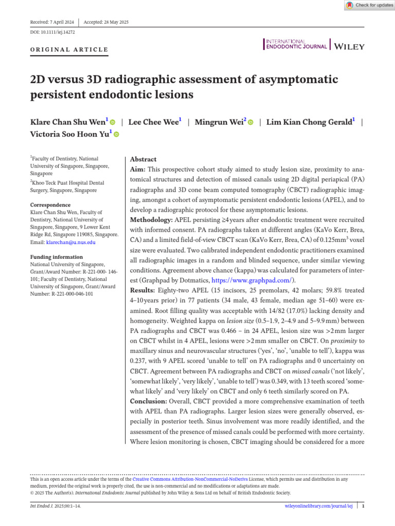 Int Endodontic J - 2025 - Chan Shu Wen - 2D Versus 3D Radiographic ...