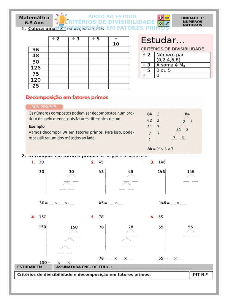 Apoio Ao Estudo MAT6 - Decomposição em Fatores Primos | PDF