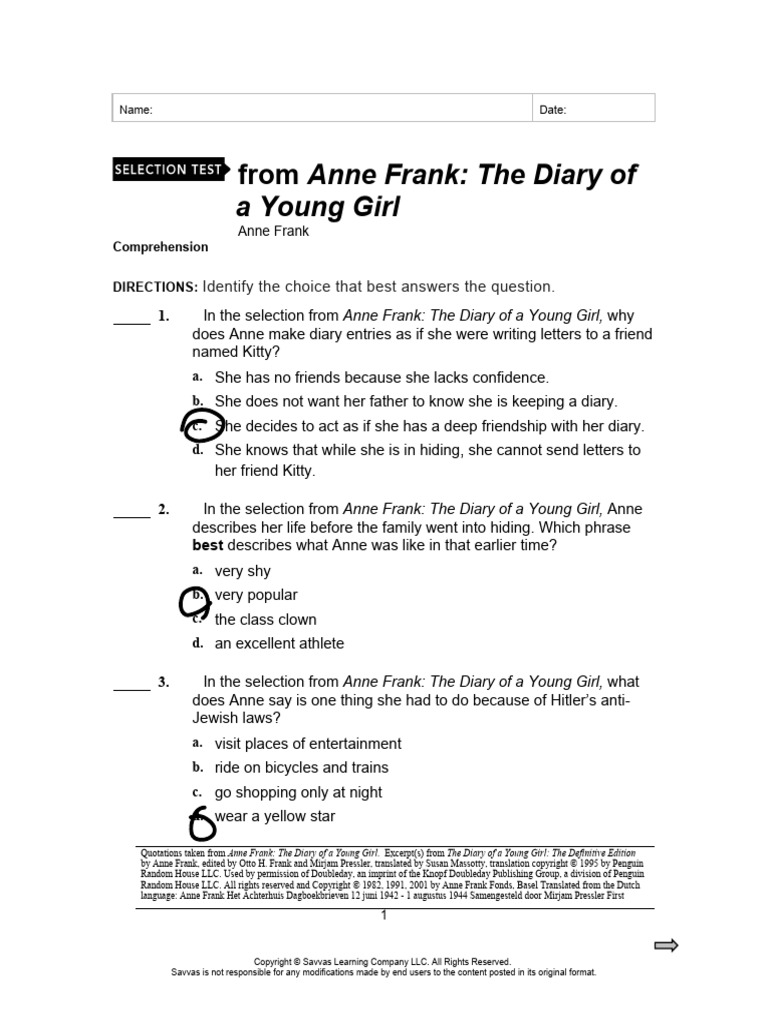 Anne Frank Indep Unit Exam | PDF | Anne Frank