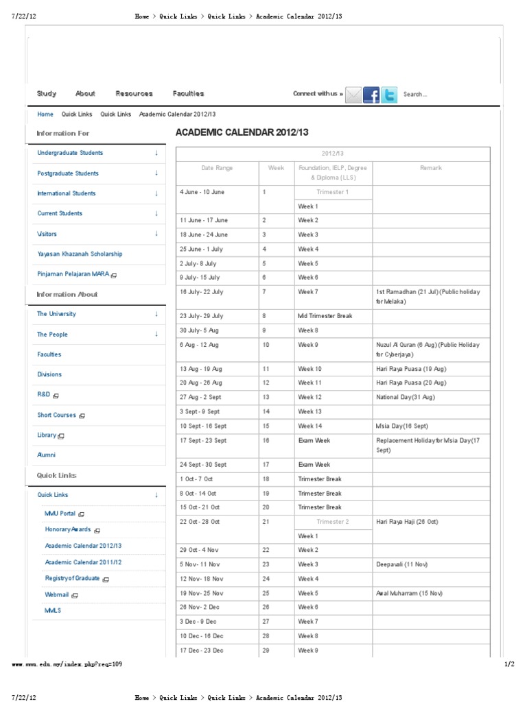 MMU Academic Calendar 2012 - 13 | PDF | Academic Term | Academia