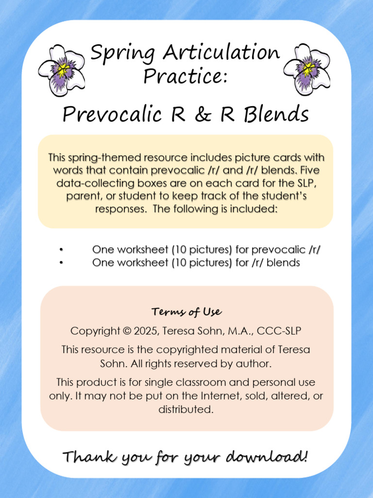Prevocalic R & R Blends: Spring Articulation Practice | PDF