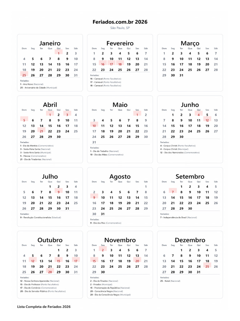 Calendario 2026 São Paulo SP | PDF