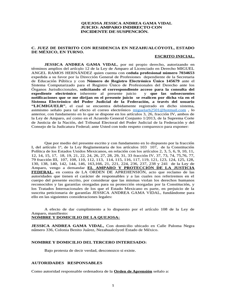 Amparo Contra Orden de Aprehension Jessica Andrea Gama Vidal 2 Estado ...