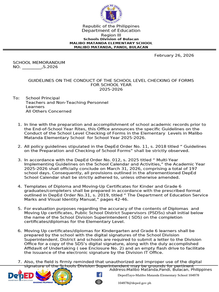 MMES School Memo Checking of Forms 2026 | PDF