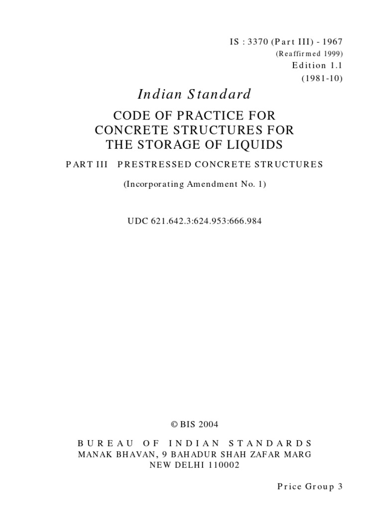 IS 3370 (Part 3) 1967 R 1999 | PDF | Prestressed Concrete | Concrete