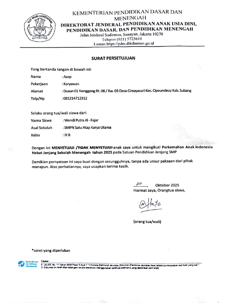 Surat Persetujuan Wendi Putra Al Fajar | PDF