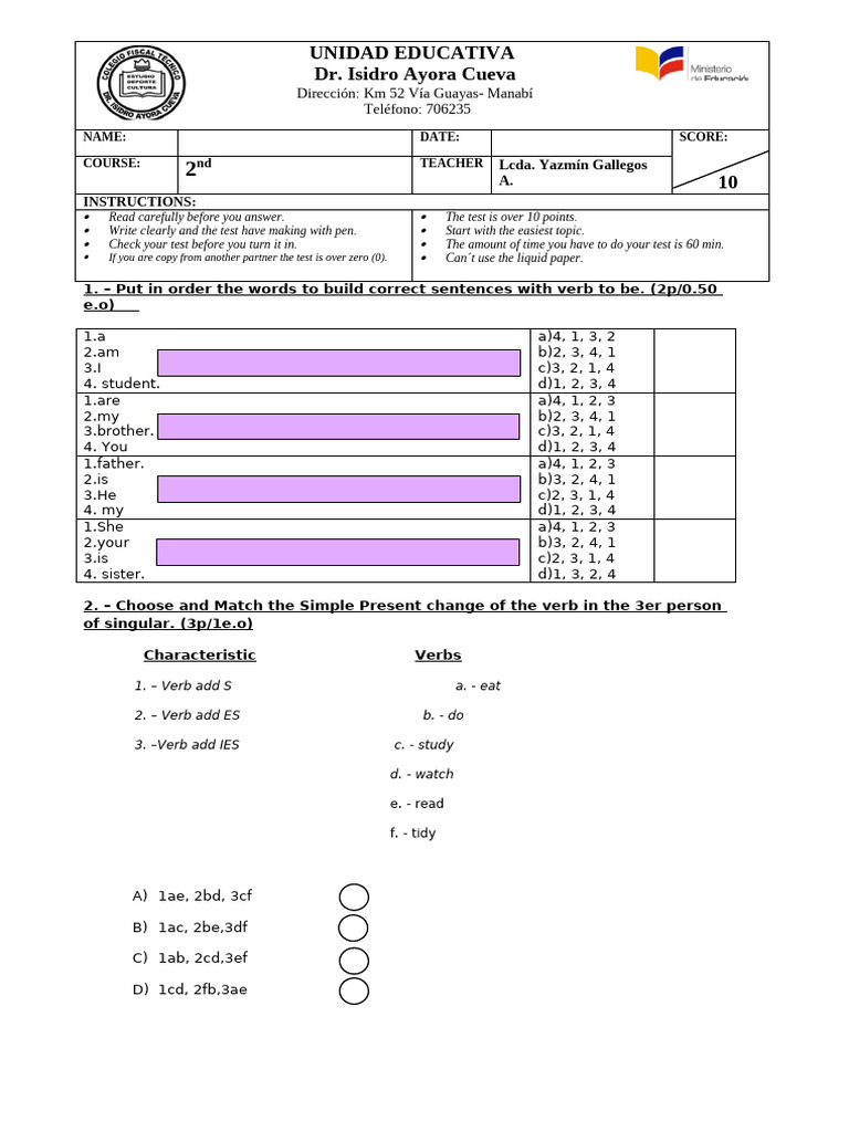 UNIDAD EDUCATIVA IAC EXAM 2nd | PDF | Linguistic Typology | Language ...