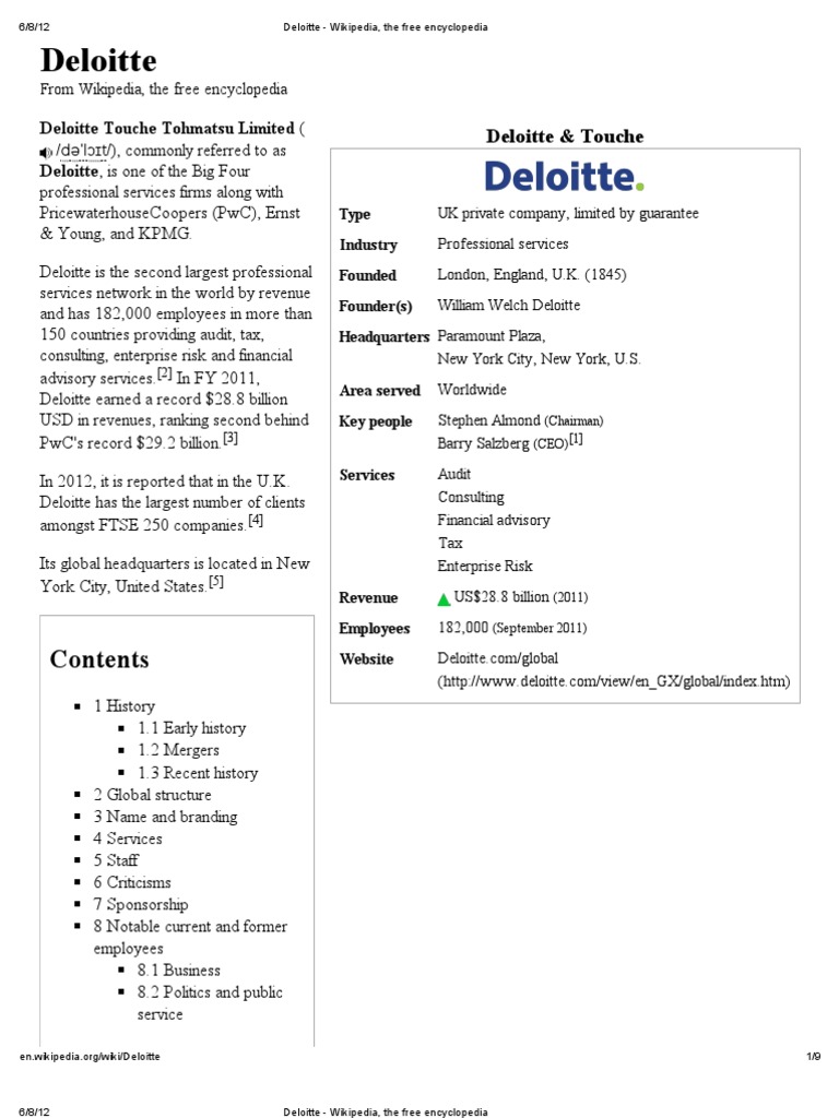 Deloitte - Wikipedia, The Free Encyclopedia | PDF | Service Industries ...