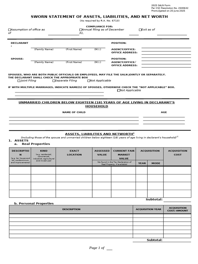 1-A Rules Annex A - 2025 SALN Form Updated Form As of 3 February 2026 | PDF