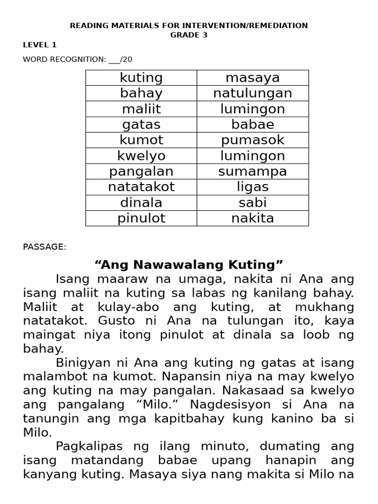 G3-Reading Materials For Intervention-Tagalog | PDF