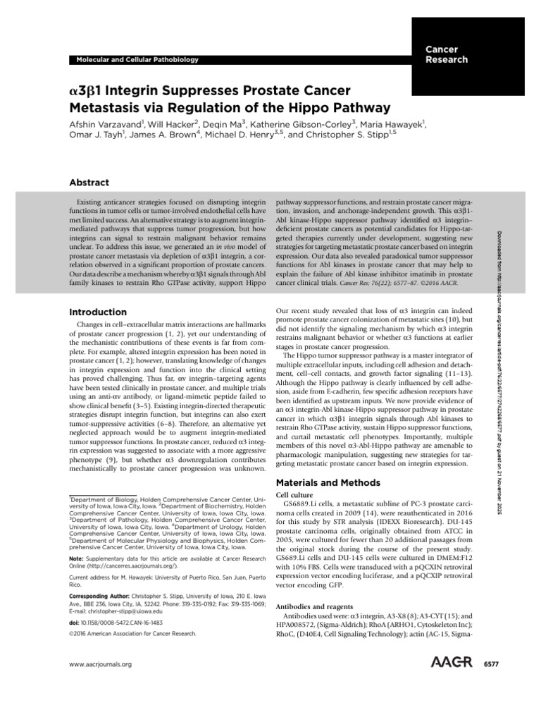 a3b1 Integrin Suppresses Prostate Cancer Metastasis via Regulation of ...