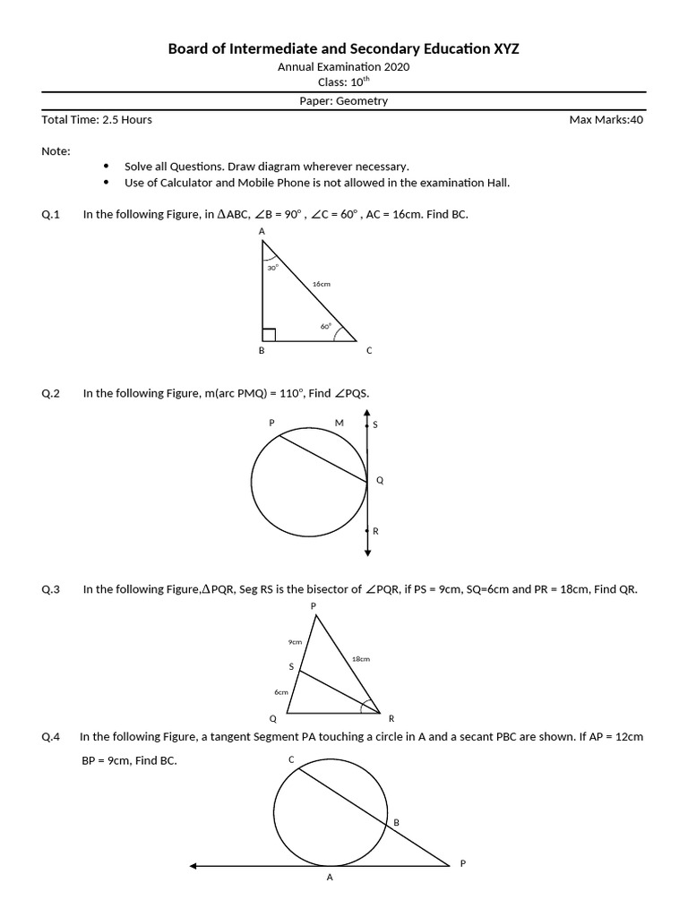 Geometry Question Paper in Word | PDF
