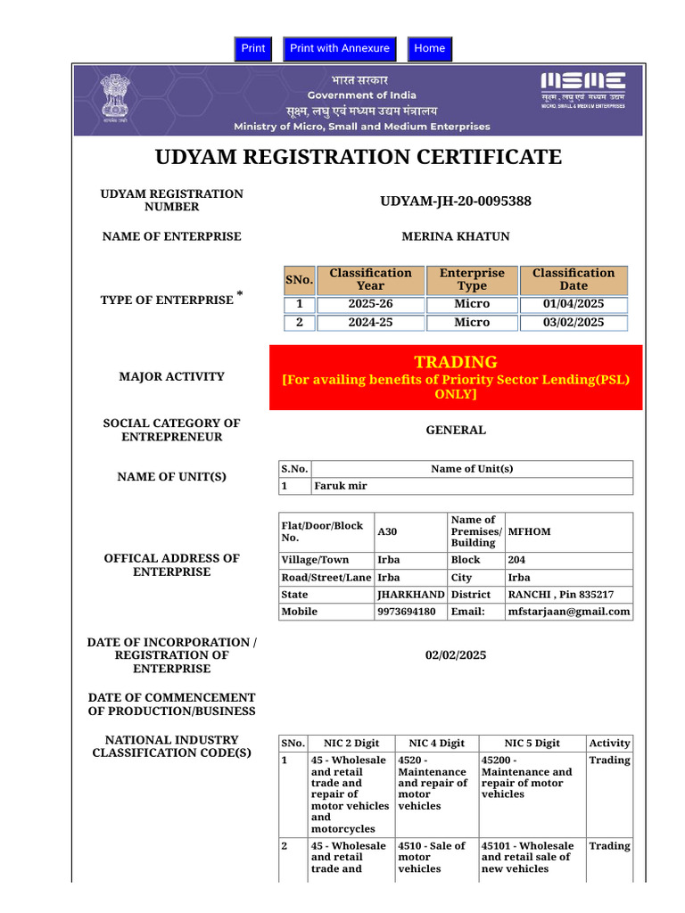 Print - Udyam Registration Certificate | PDF | Motor Vehicle | Road ...
